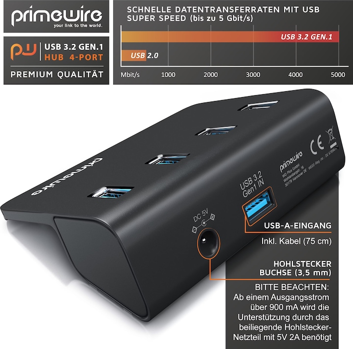 Primewire 4 Port USB 3.2 Gen.1 Hub Aktiv, Verteiler mit Netzteil, USB 3 ...