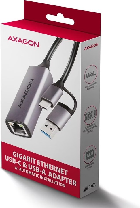 Axagon ADE-TXCA, USB-C + USB-A 3.2 Gen 1 - Gigabit Ethernet s????ov?? karta, Asix AX88179, auto ...