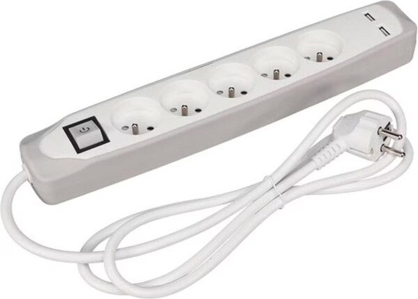 Velleman 5-WAY SOCKET OUTLET WITH SWITCH - 2 USB PORTS - GREY/WHITE ...