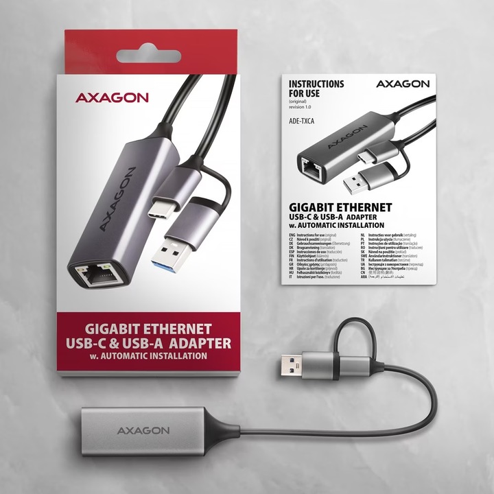 Axagon ADE-TXCA, USB-C + USB-A 3.2 Gen 1 - Gigabit Ethernet s????ov?? karta, Asix AX88179, auto ...