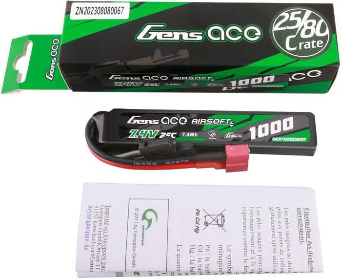 Gens Ace G-Tech 25C 1000mAh 2S1P 7.4V Airsoft Gun Lipo Battery with T ...